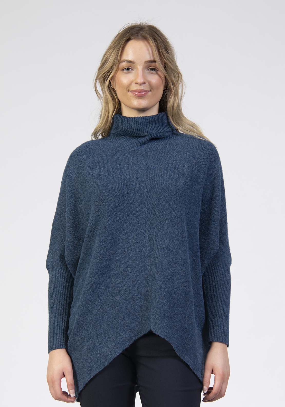 Roll Neck Sweater Asymmetrical Hem - Blue – Shaws